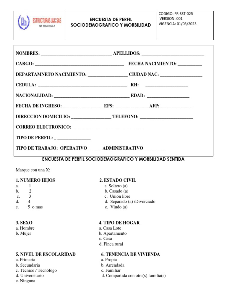 FR-SST-025 Encuesta Sociodemografica y Morbilidad Sentida | PDF