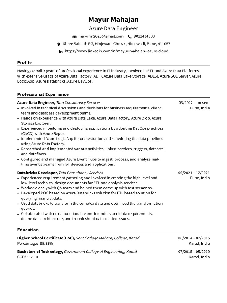 Mayur Mahajan Azure Data Engineer | PDF | Microsoft Azure | Microsoft Sql Server