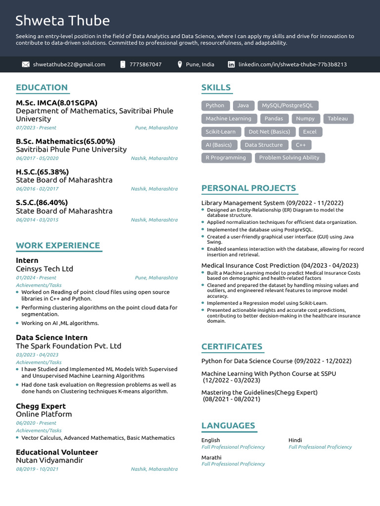 Updated DS Shweta's Resume | Download Free PDF | Machine Learning ...