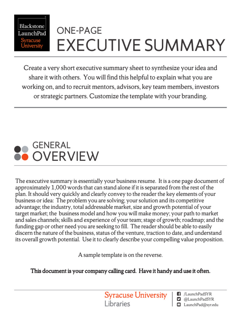 BlackstoneLaunchPad Executive-Summary-Guide 2020 | PDF | Sales | Startup Company