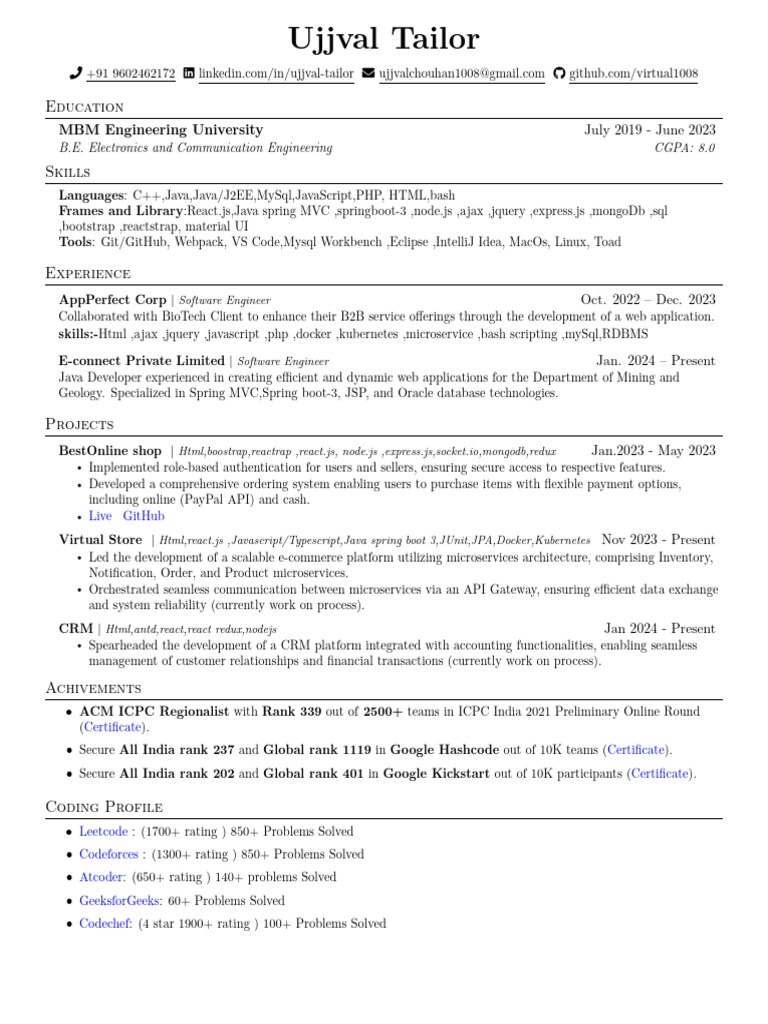 Ujjval Resume | PDF | My Sql | Java (Programming Language)