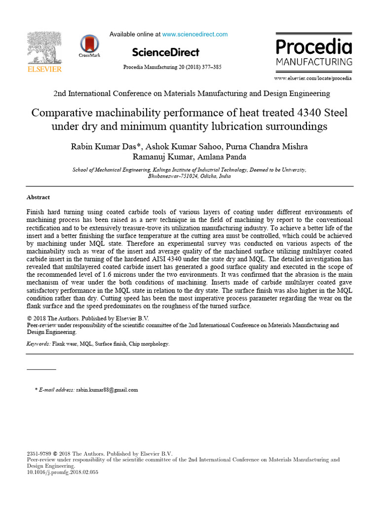 Comparative Machinability Performance of Heat Treated 4340 Steel Under ...