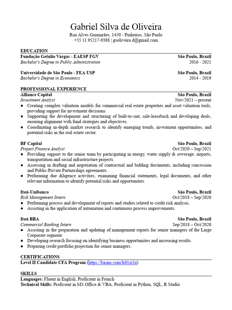 CV - Gabriel Oliveira - 2024-1 | PDF | Private Sector | Financial Services