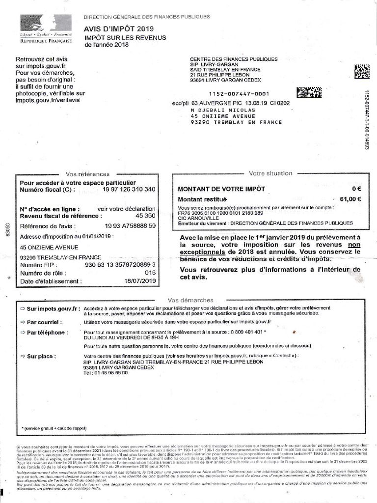 Avis d'Impôt 2019 : Informations Clés | PDF | Impôts | Argent