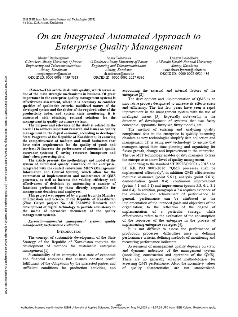 On An Integrated Automated Approach To Enterprise Quality Management | PDF | Quality Management ...