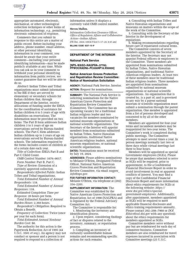 Federal Register / Vol. 89, No. 98 / Monday, May 20, 2024 / Notices | PDF | Native Americans In ...