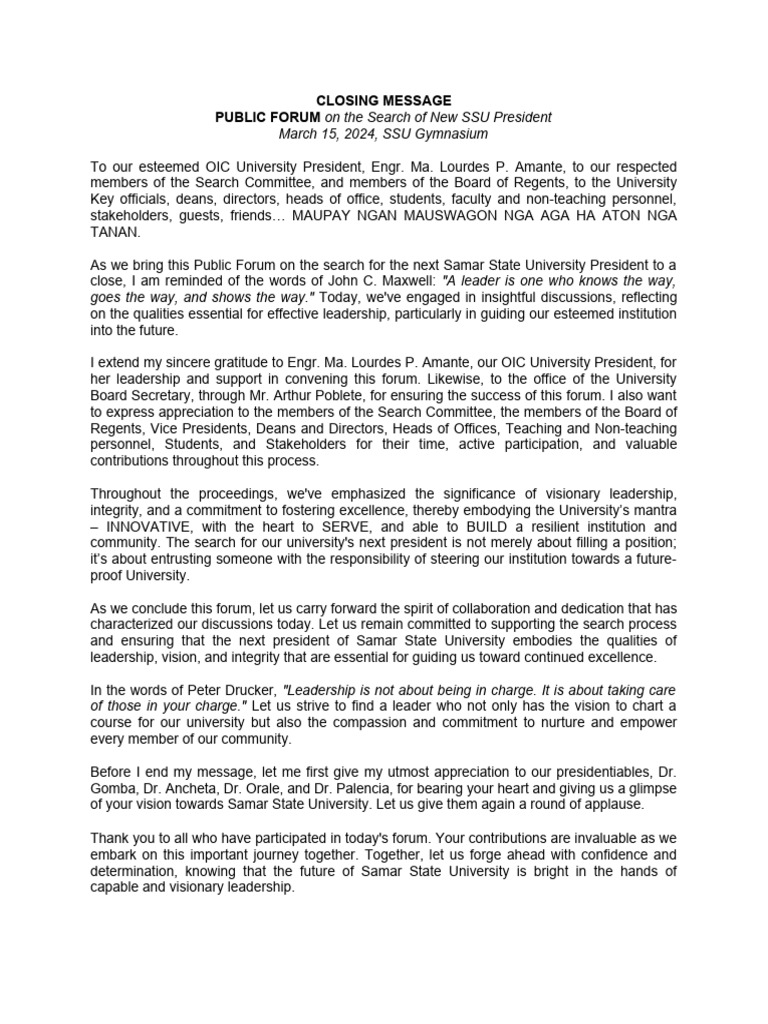 Closing Message | PDF | Leadership | Social Psychology