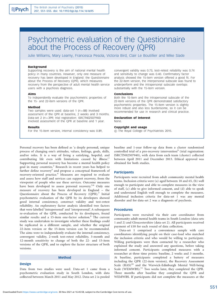 Recovery Measurement - Psychometric Evaluation of The Questionnaire ...