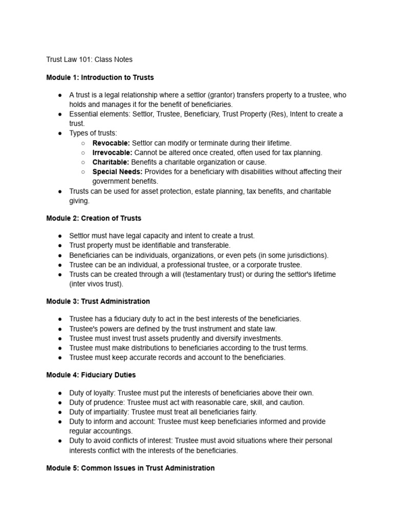 Trust Law 101 - Class Notes | PDF | Trustee | Fiduciary