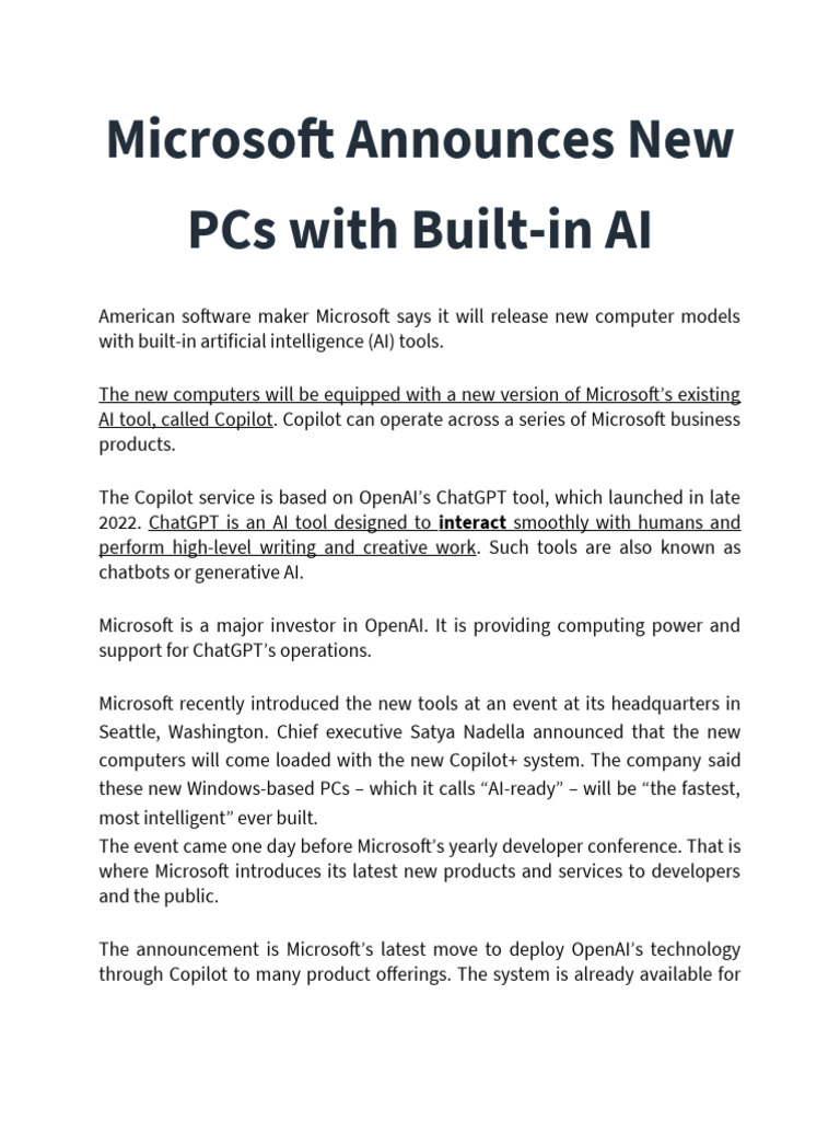 Microsoft Announces New PCs With Built-In AI | PDF | Microsoft ...