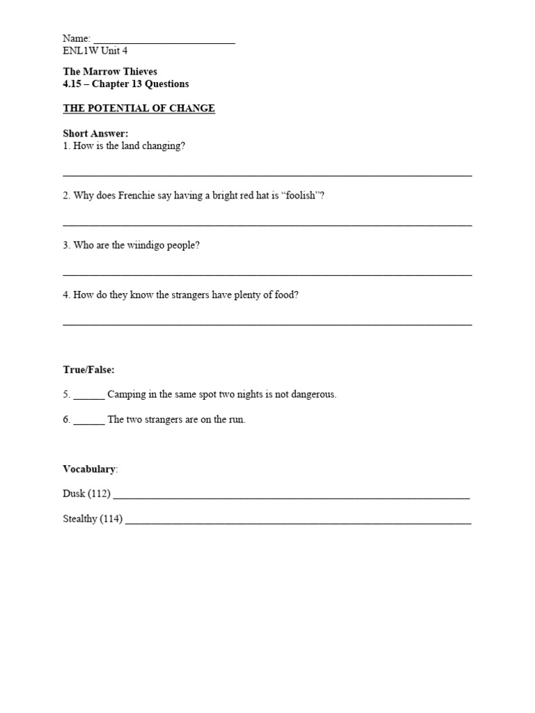 Chapter Questions for The Marrow Thieves | PDF