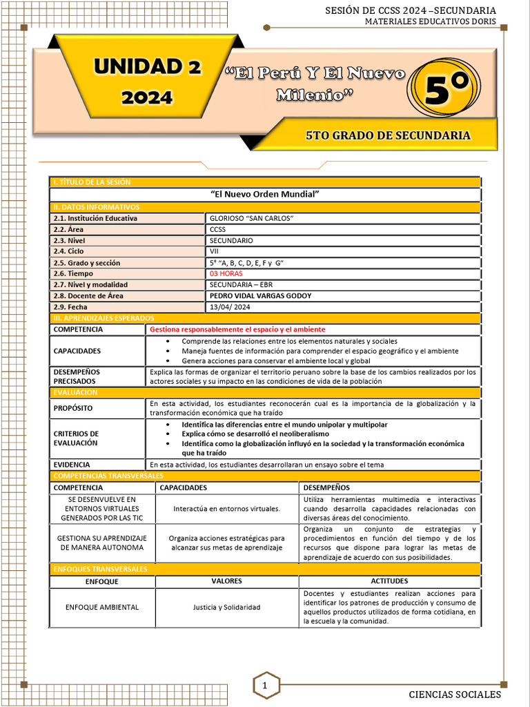 5º Sesiones Sem 1 Uni 2 - CCSS 2024 | PDF | Enseñando | Maestros
