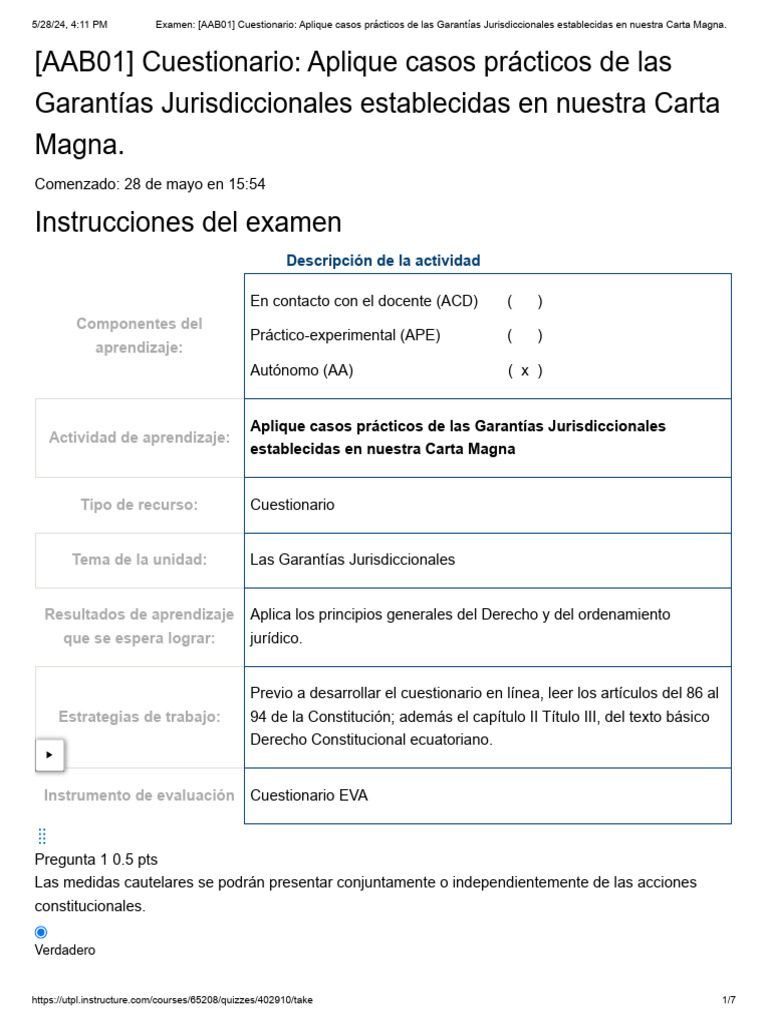 (AAB01) Cuestionario: Aplique Casos Prácticos de Las Garantías ...