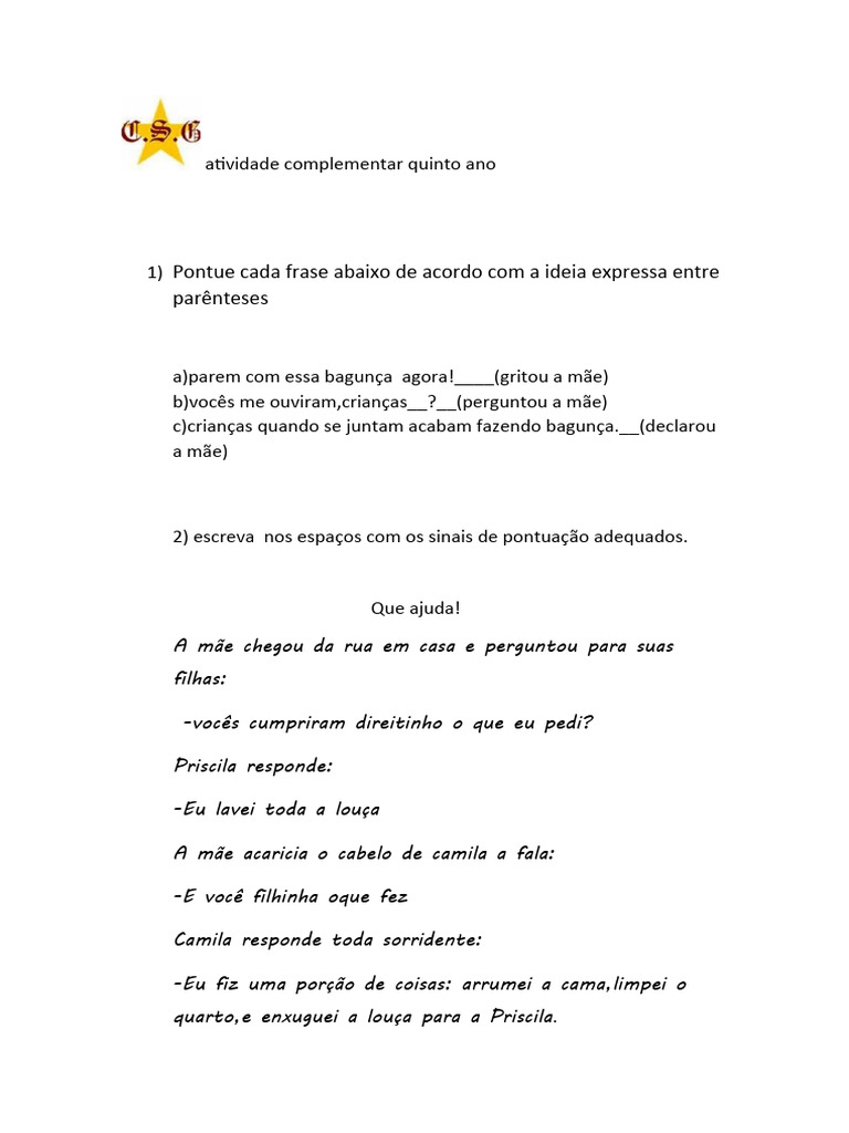 Atividade Complementar Quinto Ano | PDF