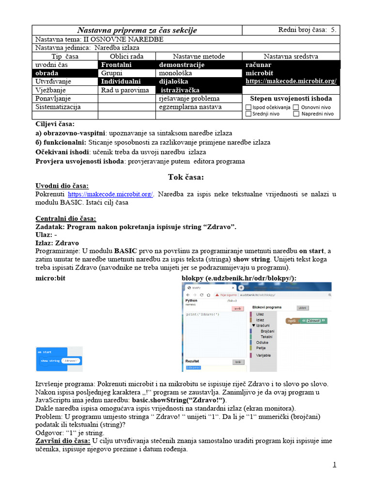 Nastavna Priprema Za Čas Sekcije: Frontalni Demonstracije Računar ...