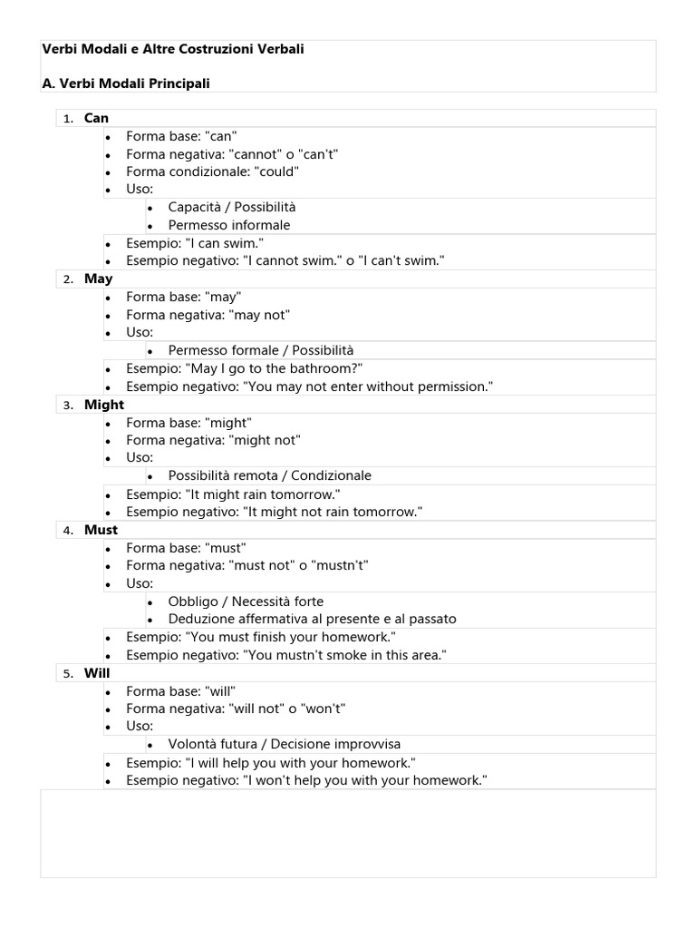 Mappa Verbi Modali e Altre Costruzioni Verbali | PDF | Linguistics ...