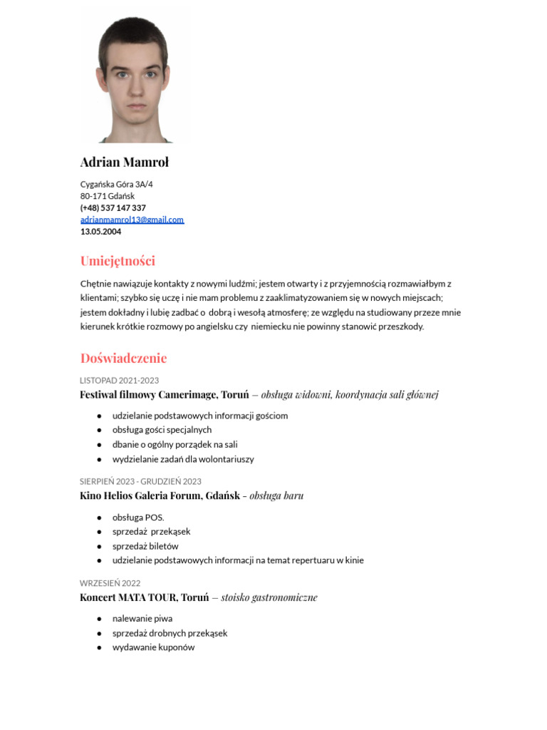 Cv Adrian Mamroł | PDF