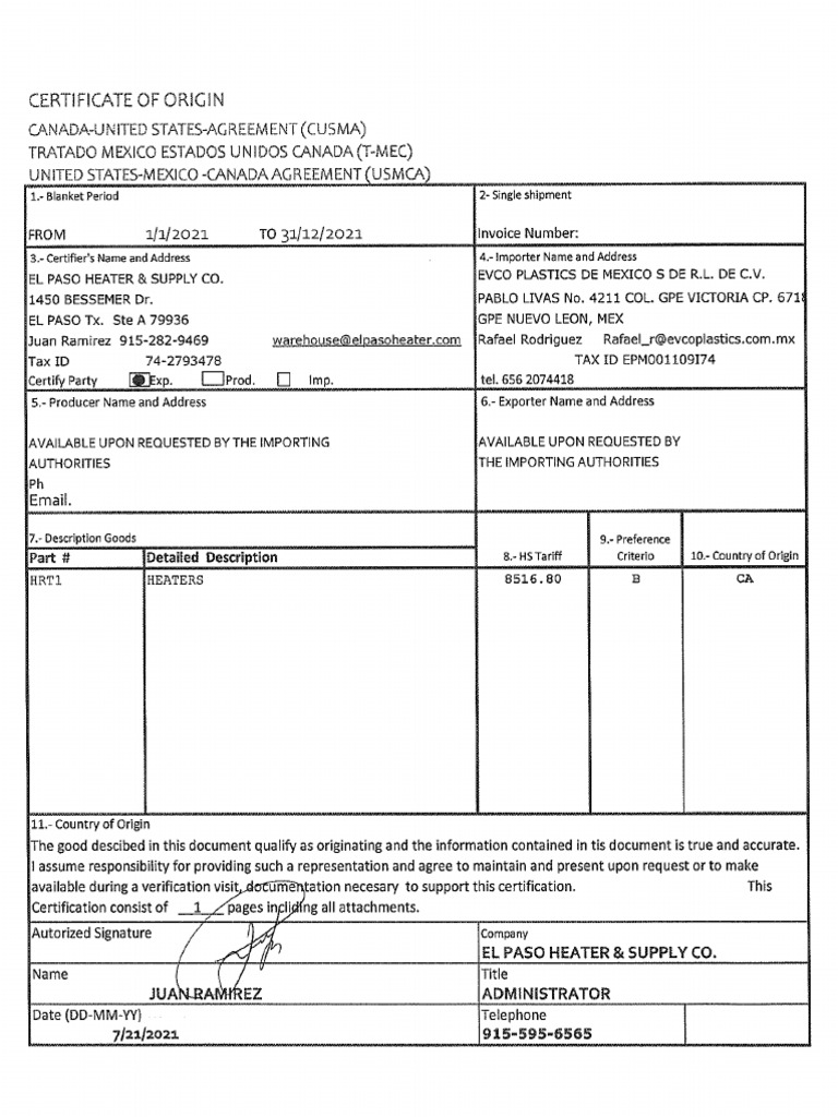 Usmca El Paso Heater | PDF