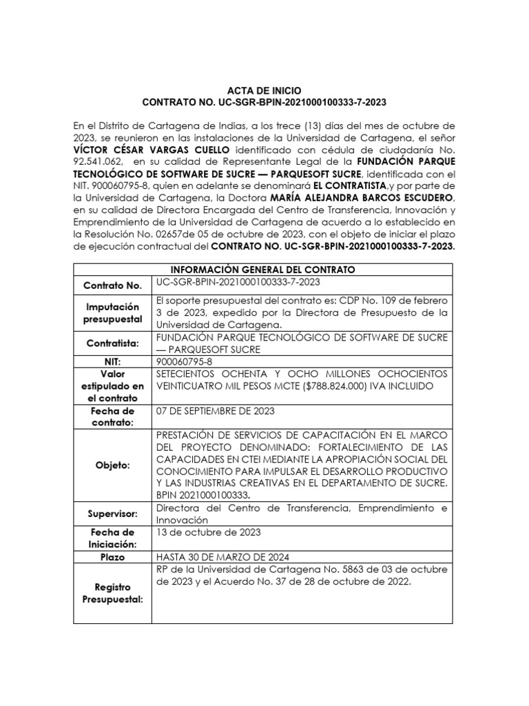 Acta de Inicio Fundación Parque Tecnológico de Software de Sucre ... Acta de Inicio Fundación Parque Tecnológico de Software de Sucre ...