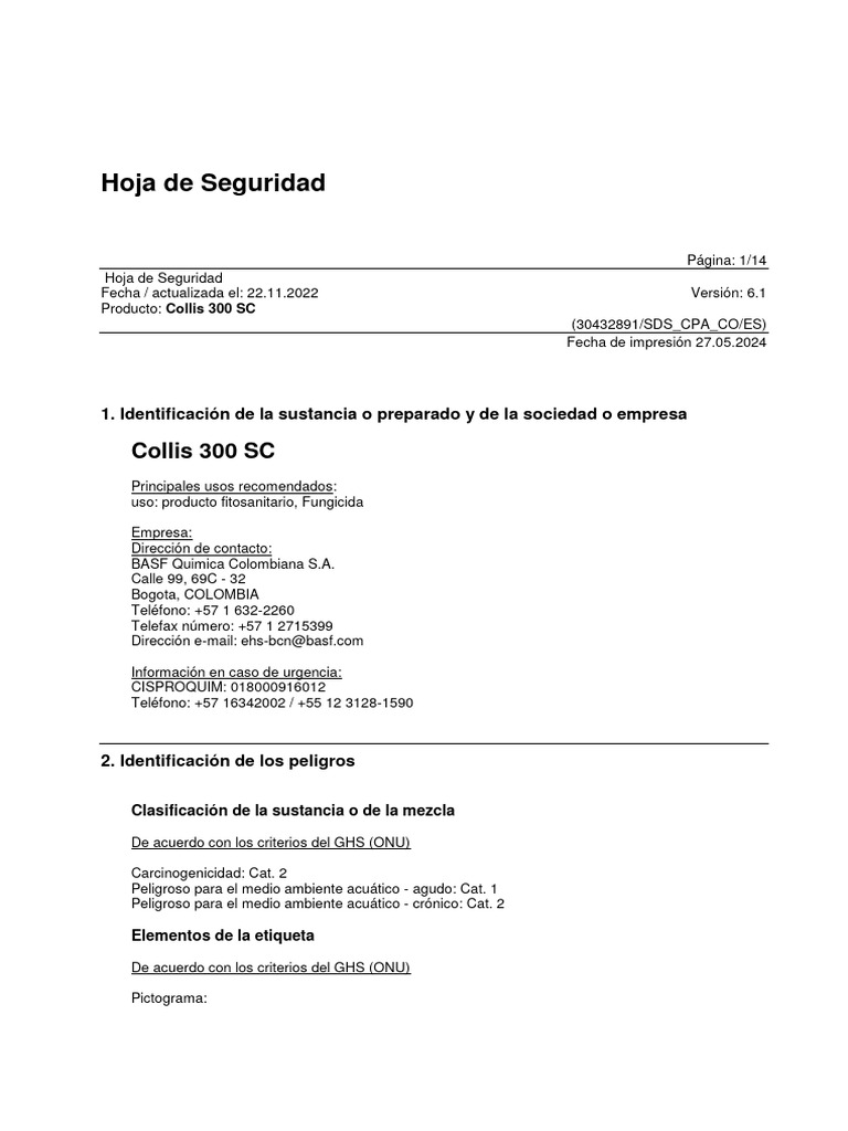 Hoja de Seguridad: Collis 300 SC | PDF | Toxicidad | Carcinógeno