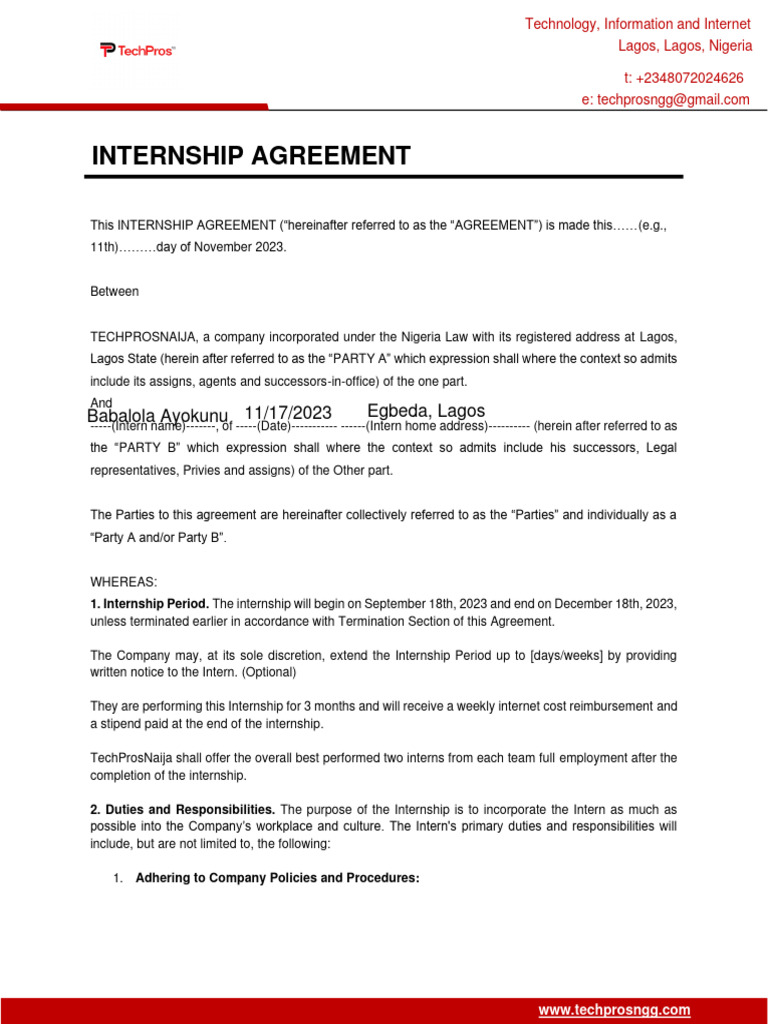 Internship Agreement with TechProsNaija | PDF | Internship | Job Hunting