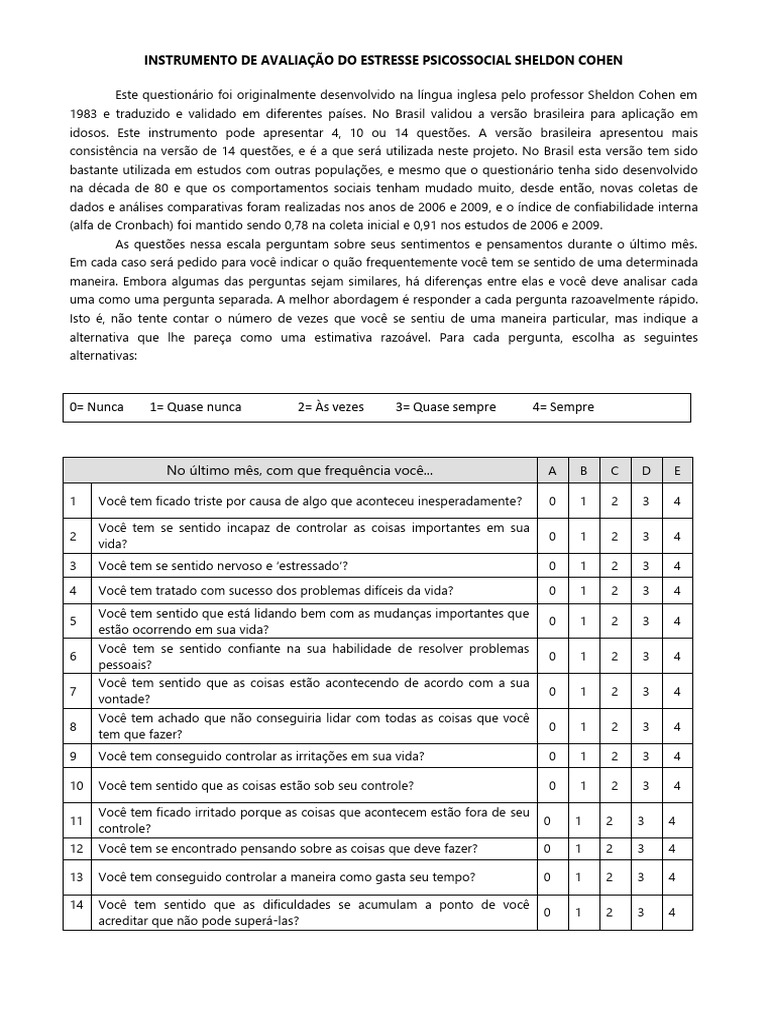 Instrumento de Avaliação Do Estresse Psicossocial Sheldon Cohen | PDF ...
