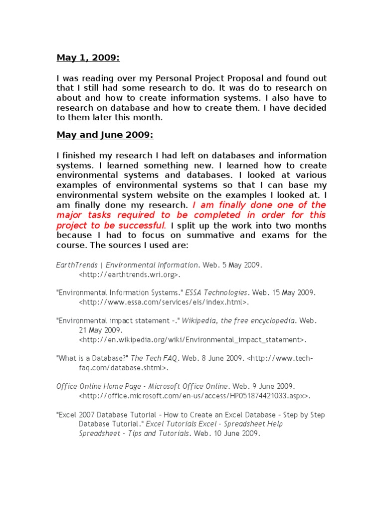 MYP Personal Project Journal | PDF | Websites | Microsoft Excel