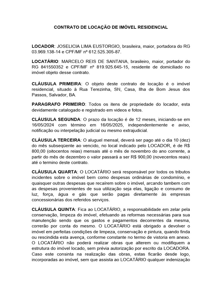 Contrato de Locação Residencial em BA | PDF | Aluguel