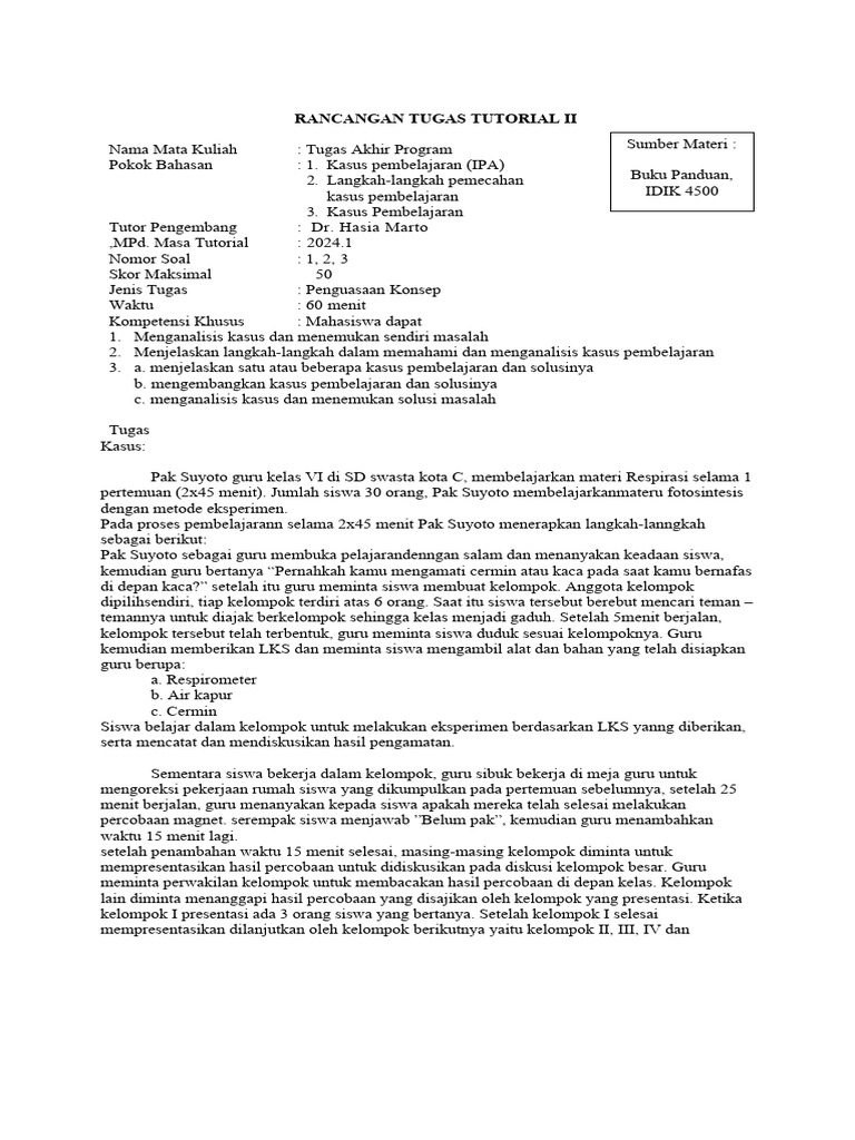 RANCANGAN TUGAS TUTORIAL II 19 Mei 2024 | PDF | Karier & Perkembangan | Seni