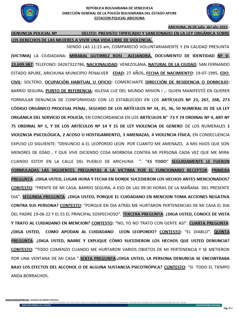 Dncia Violencia de Genero Sonia Andreina Gonzalez Corona C.I 25.519.743 | Descargar gratis PDF ...