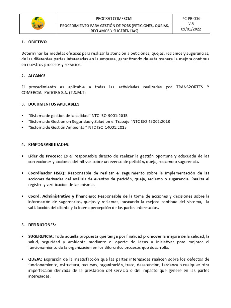 PC-PR-004 Procedimiento para Gestión de Pqrs. 22 | PDF | Calidad (comercial) | Business