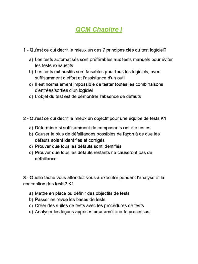 QCM sur les Principes du Test Logiciel | PDF | Test de logiciel | Logiciel
