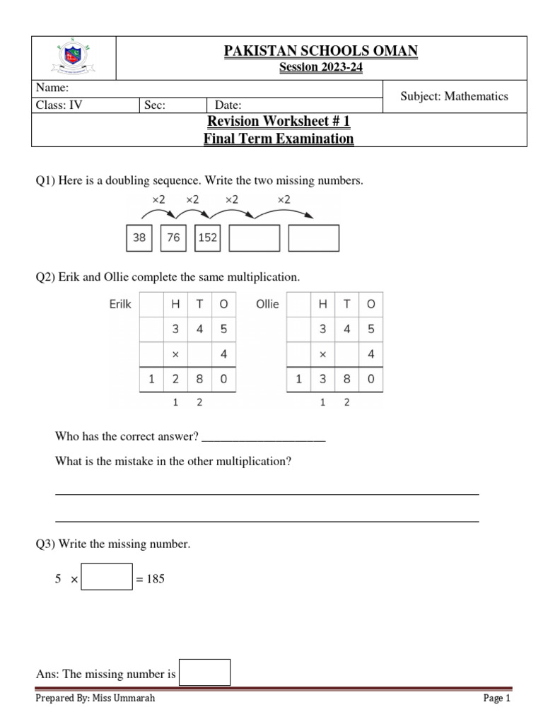 Revision Worksheets For Final Examination (Grade 4) | PDF | Elementary ...
