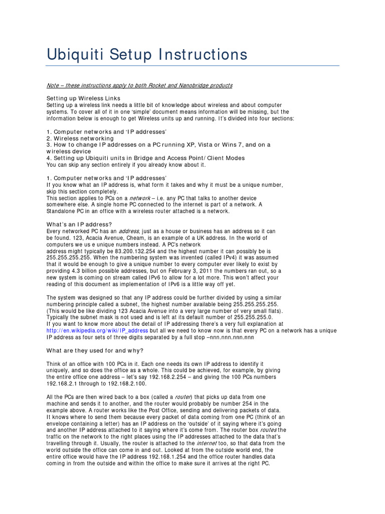 Ubiquiti Wireless Setup Guide | PDF | Ip Address | Router (Computing)