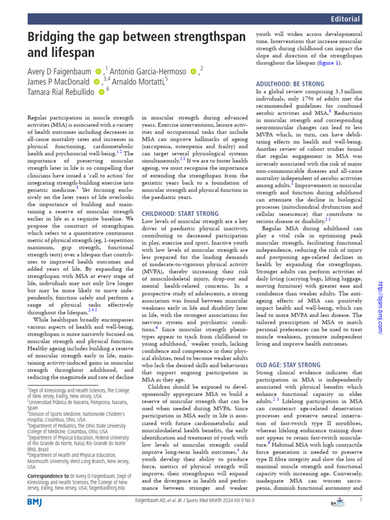 Bridging The Gap Between Strengthspan and Lifespan (Faigenbaum Et Al., 2024) | PDF | Skeletal ...
