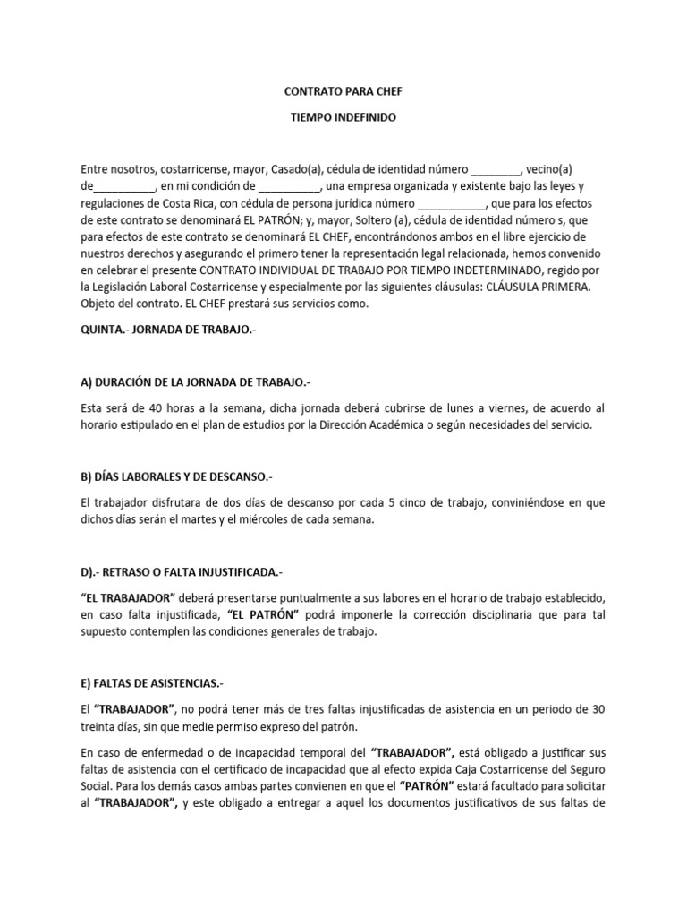 Contrato para Chef | PDF | Derecho laboral | Tiempo de trabajo