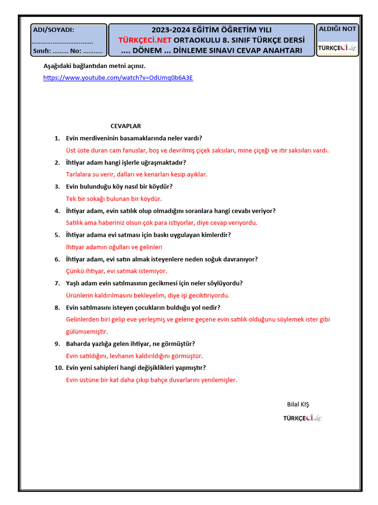 Sinif Dinleme Sinavi 2 Cevap Anahtari | PDF