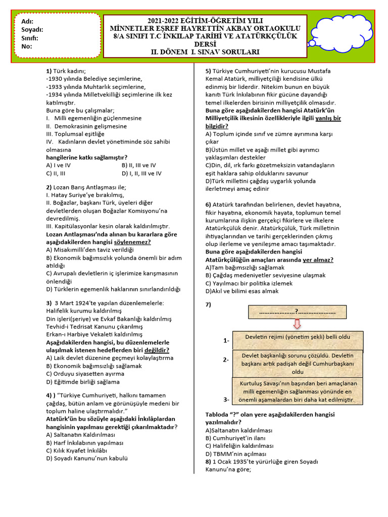 8.sinif İnkilap Tari̇hi̇ 2.dönem 1.yazili Sorulari | PDF