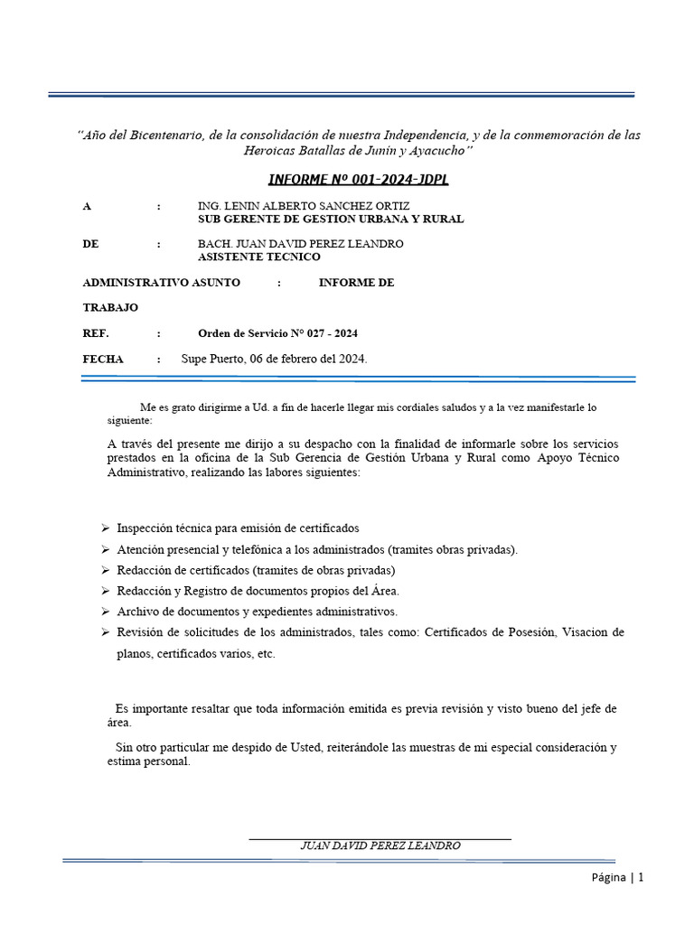 1.informe #001-2024 - JDPL - Labores Mes Enero | PDF