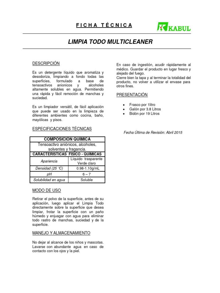 Ficha Tecnica - Limpia Todo Multicleaner | PDF
