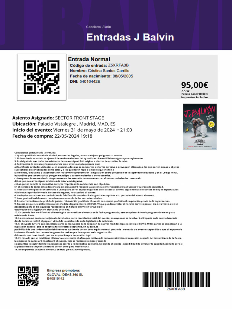 Entrada Normal Código de entrada Z5XRFA3B Nombre Cristina Santos Carrillo Fecha de nacimiento ...