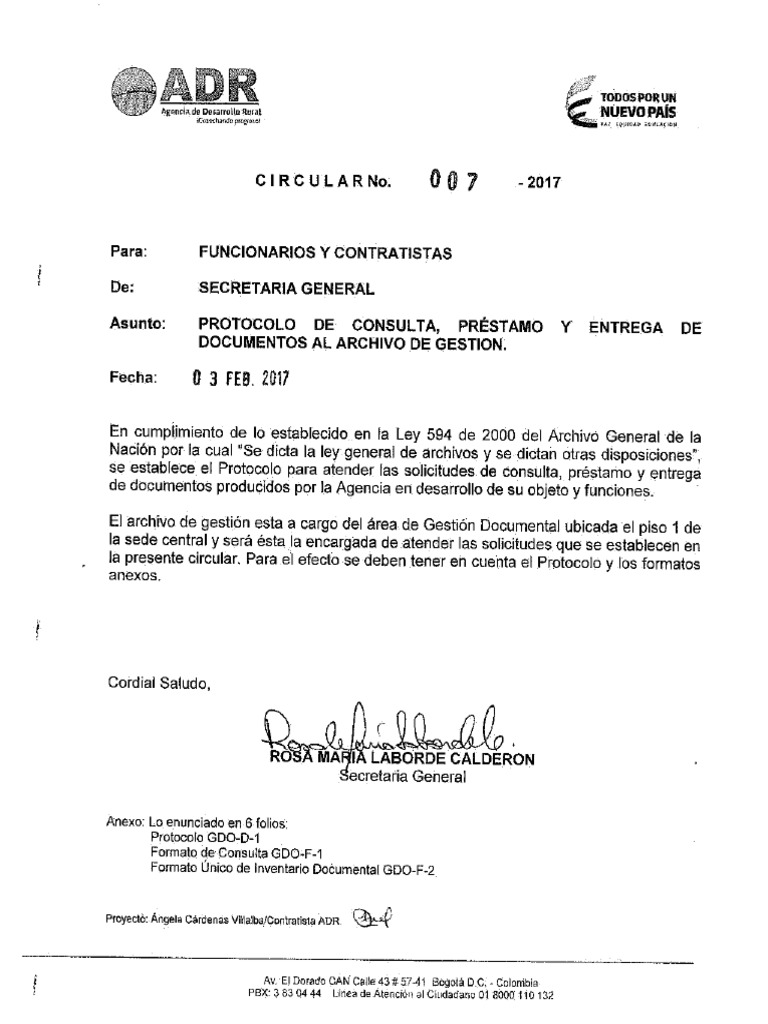 CIRCULAR 007 DE 2017 Protocolo de Consulta, Préstamos y Entrega de Documentos al Archivo de ...