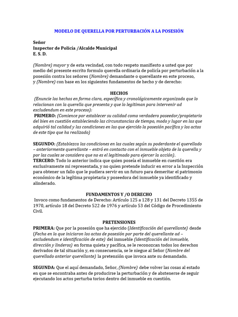 Modelo de Querella Por Perturbación A La Posesión | PDF | Queja | Gobierno