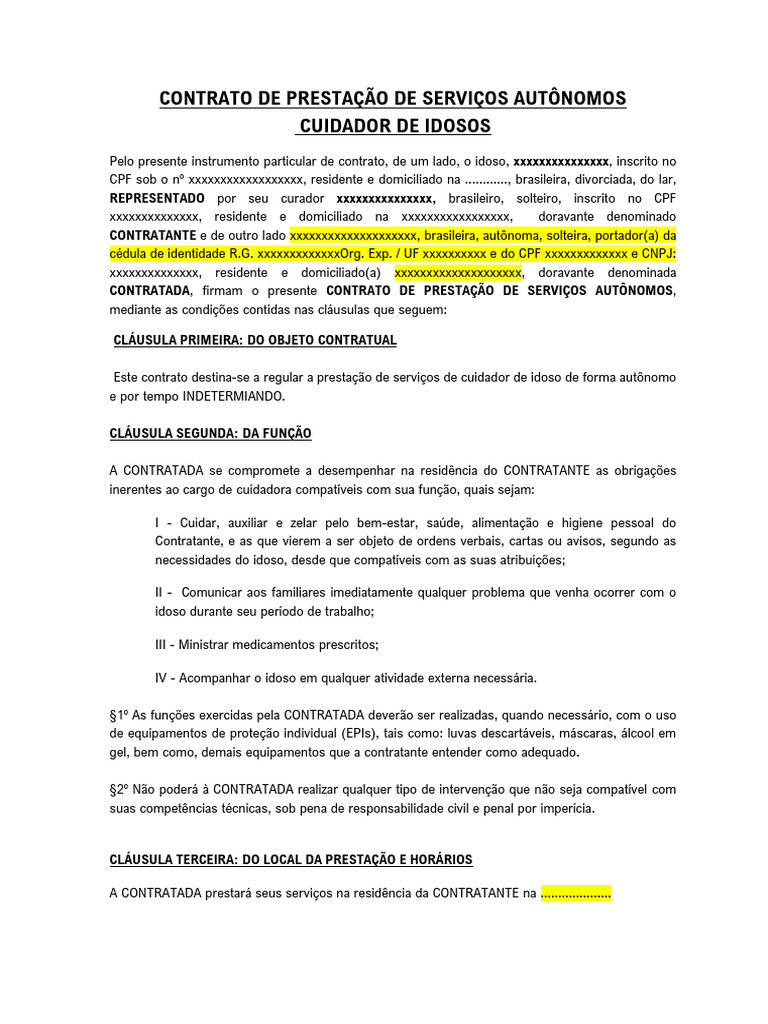 Contrato Prestacao Servicos Cuidador - Mei | PDF