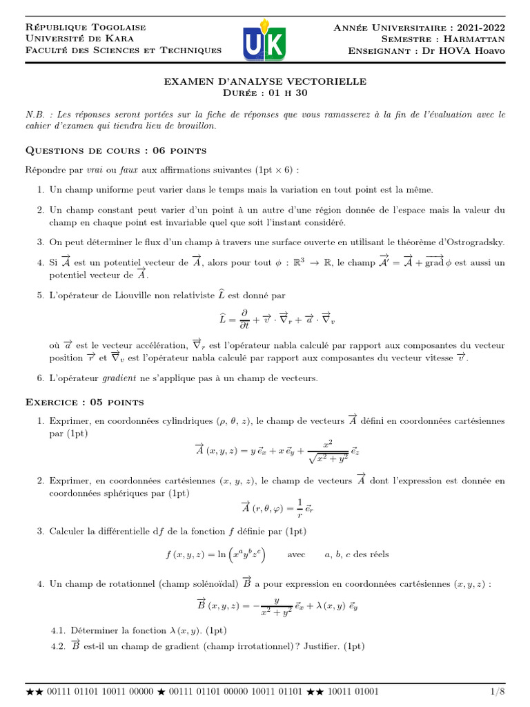 Examen d'Analyse Vectorielle 2021-2022 | PDF | Analyse vectorielle | Pente