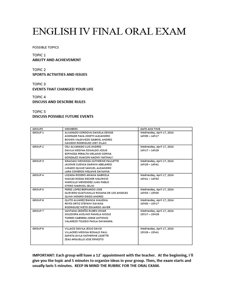 Final Oral Exam Pao Topics and Instructions - Students Par1 Eiv Pae2024 | PDF