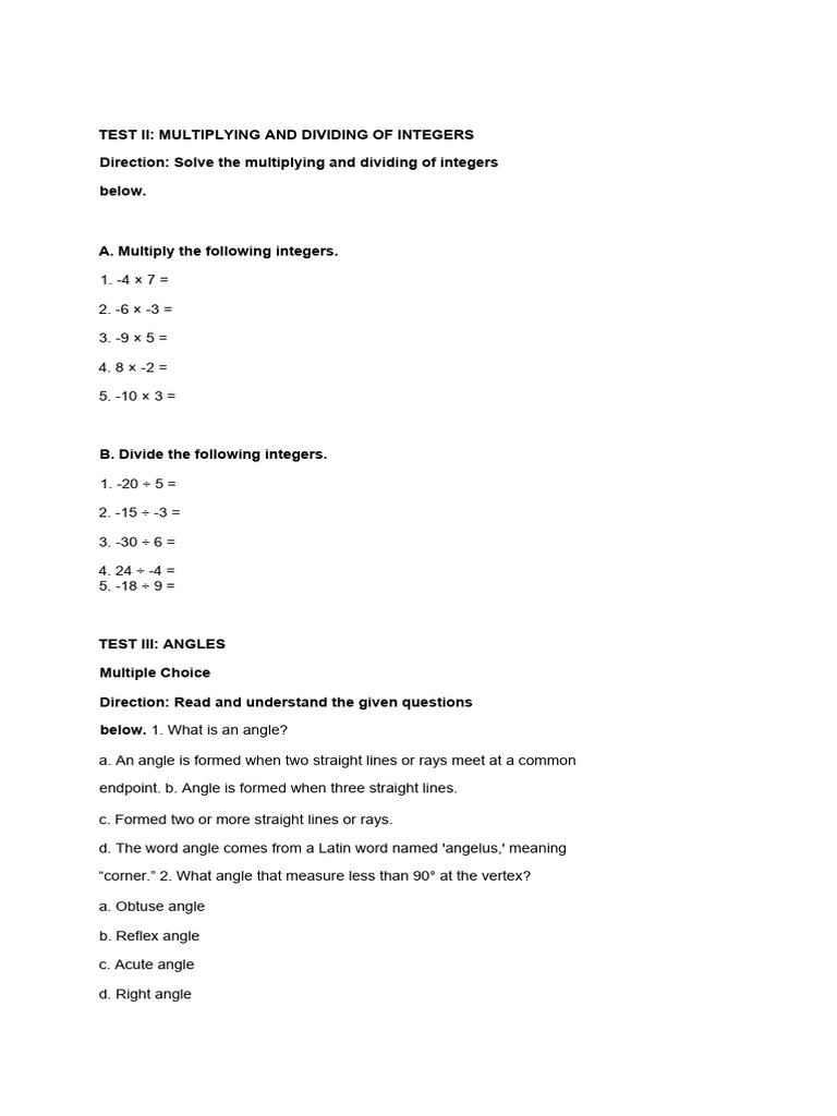 Mutliplying and Dividing Integers | PDF | Triangle | Angle