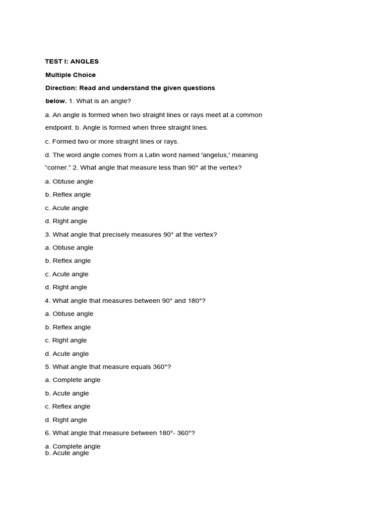Class 6 Angles and Triangles Test | PDF