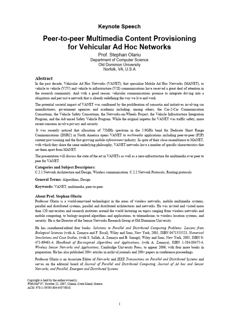 Peer-To-Peer Multimedia Content Provisioning For Vane | PDF | Wireless Ad Hoc Network | Peer To Peer
