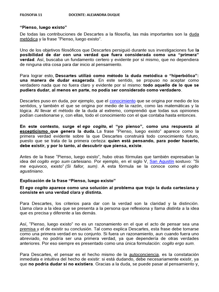 "Pienso, luego existo: Certeza cartesiana" | PDF | René Descartes ...